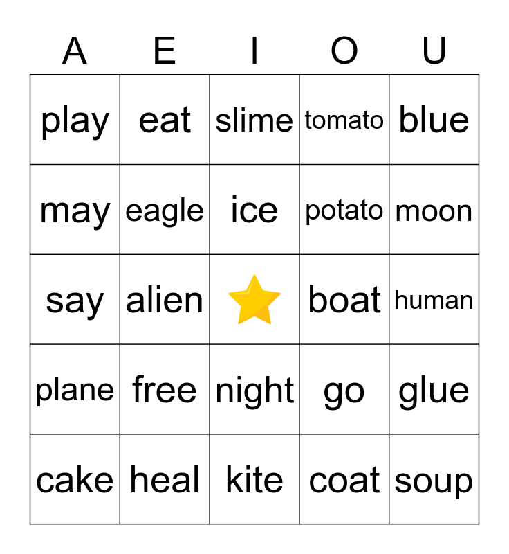 LONG VOWEL SOUNDS BINGO Card