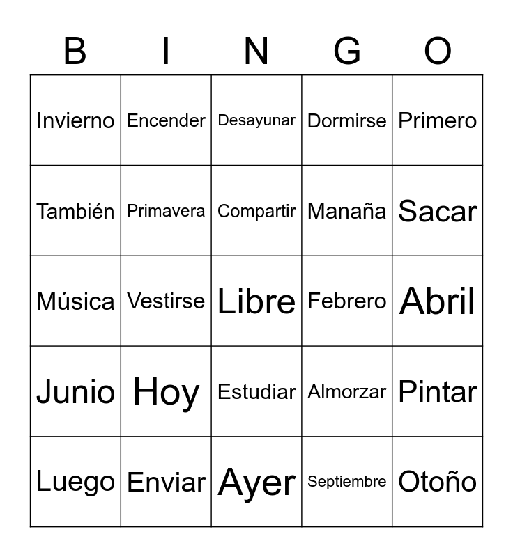 Unit 2 Vocabulario Bingo Card