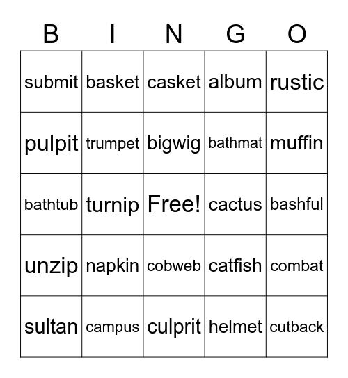 Multisyllable words VCCV Bingo Card