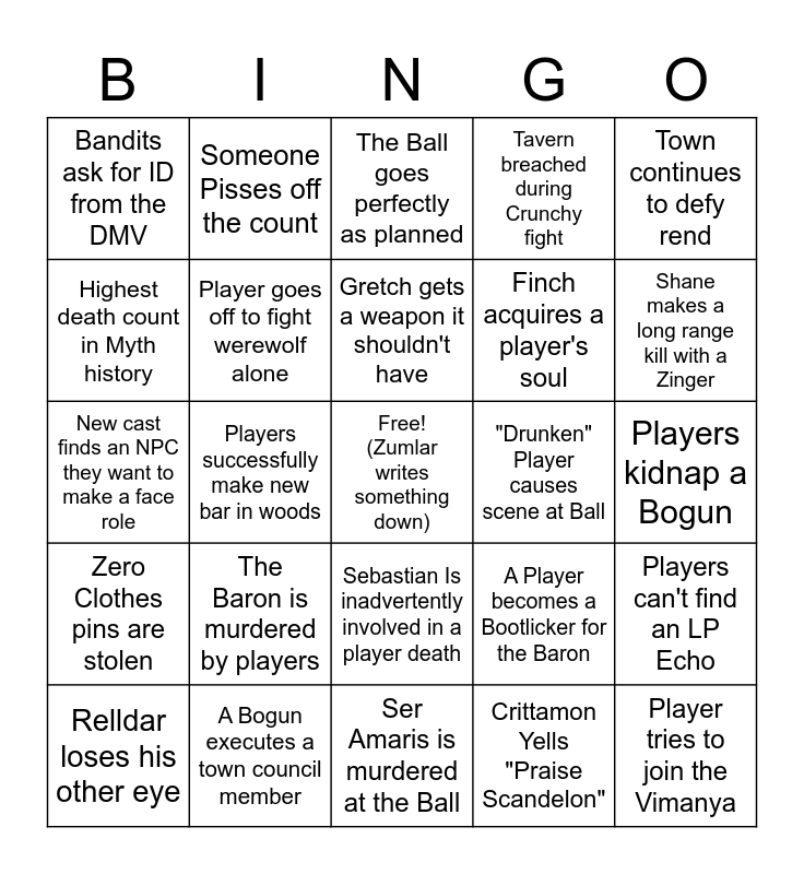 Spring One Cast Bingo Card