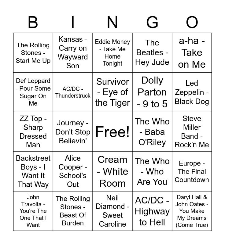 Classic Rock And Pop Bingo Card