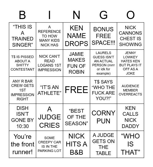 R Bar Masked Singer Bingo Card
