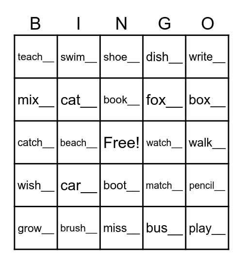 Inflectional -s and es Bingo Card