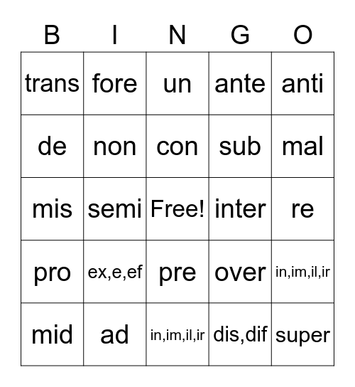 Prefix 1 - Morpheme Magic Bingo Card