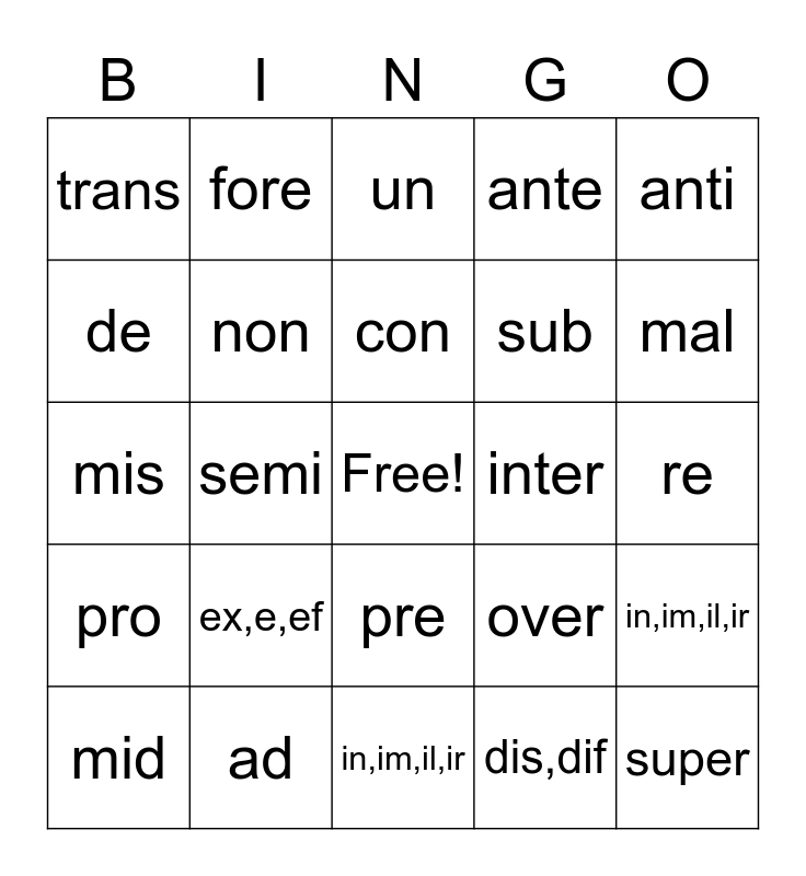 Prefix 1 - Morpheme Magic Bingo Card