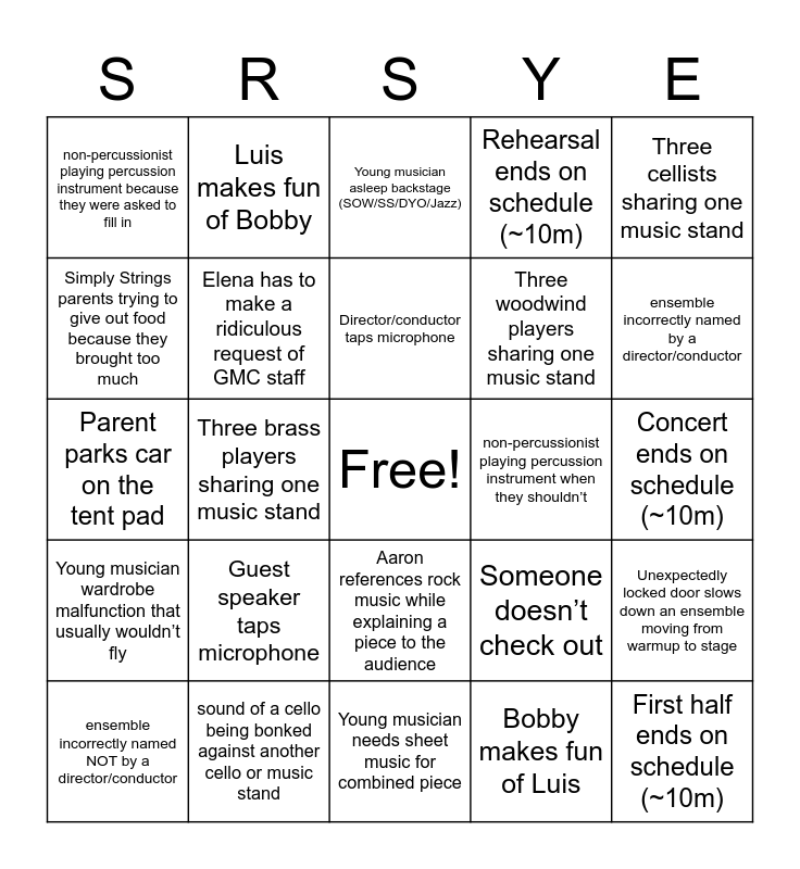 Showcase Concert Bingo Card