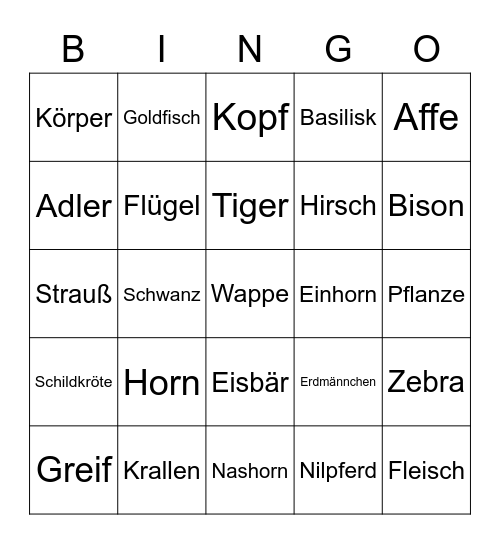 Tiere Bingo Card