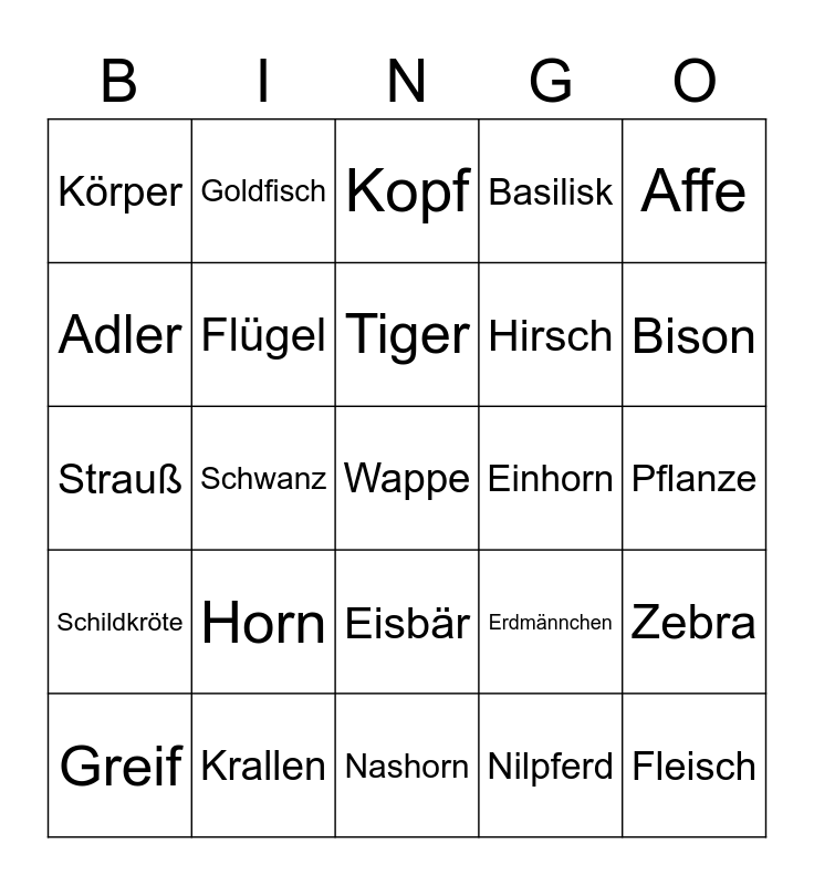 Tiere Bingo Card