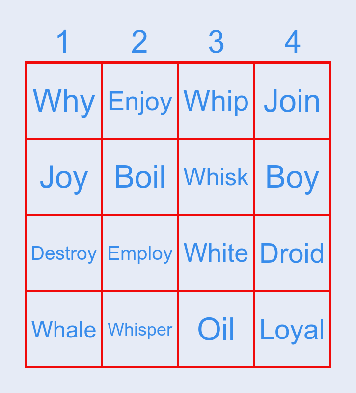 Oi Oy and Wh Bingo Card