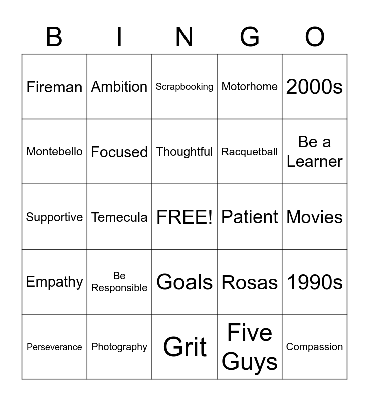 Dean and Debbie's 30th Anniversary Bingo Card