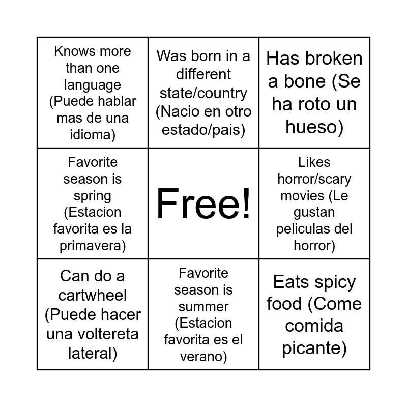 Find someone who... (Encuentra a alguien que...) Bingo Card