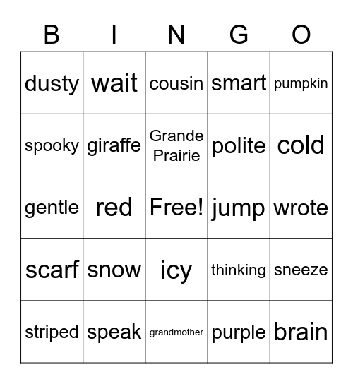 Noun, Verb, Adjective BINGO Card