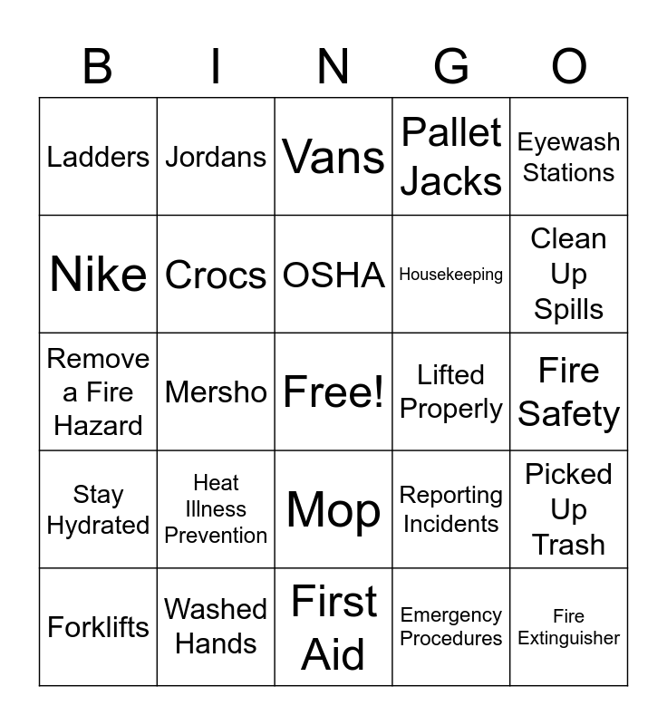 Shoe Palace Safety Bingo! Bingo Card