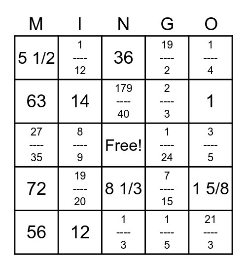 AILEY'S MINGO - The Game of Math Bingo Card