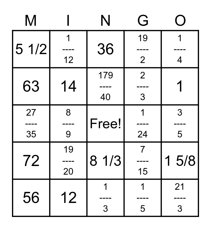 AILEY'S MINGO - The Game of Math Bingo Card