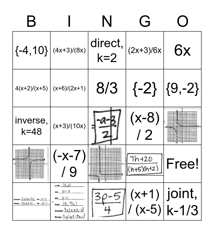 Rational Functions Bingo Card