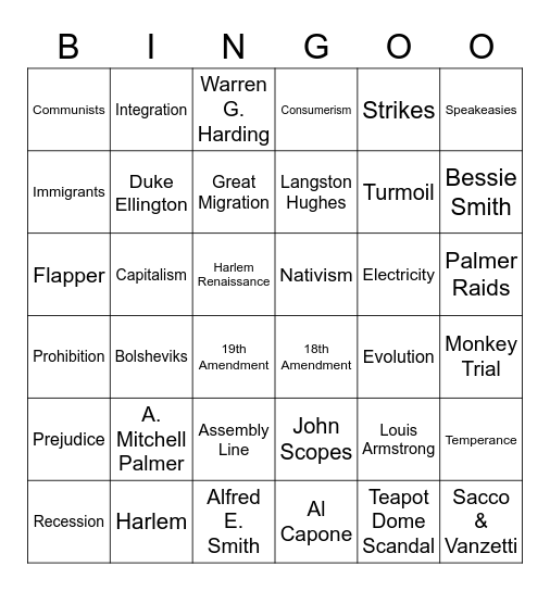 Unit 8: 1920s Review Bingo Card