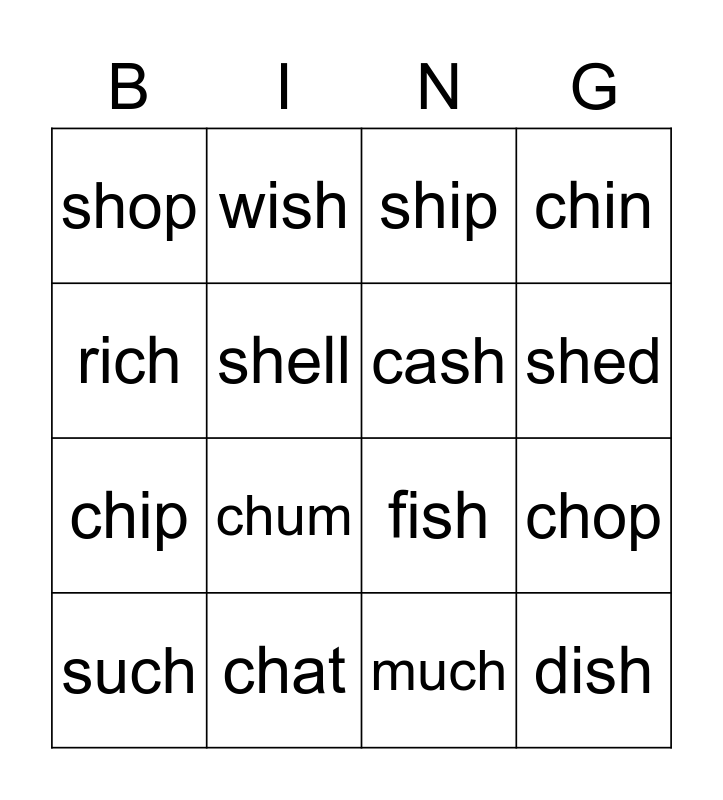 Ch and Sh w/ Short Vowels Bingo Card