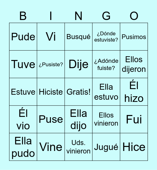 Irregular Preterite Bingo Card
