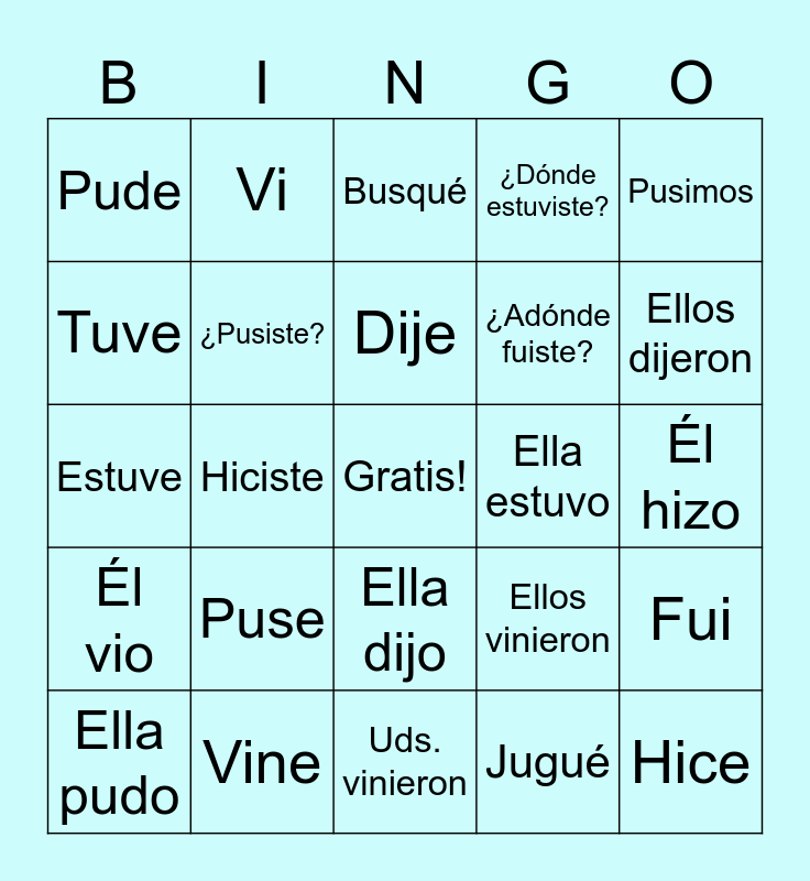 Irregular Preterite Bingo Card