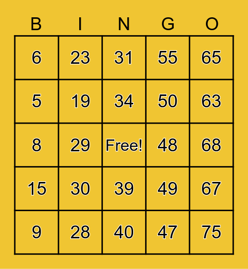 Number Bingo 1-75 Bingo Card