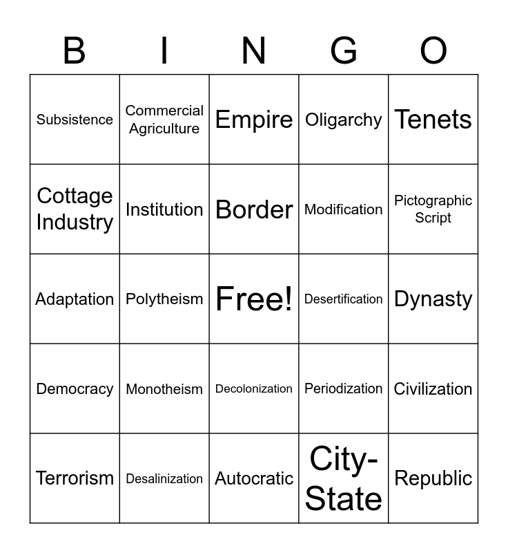 World Geography - Academic Vocabulary - Units 7 & 8 Bingo Card