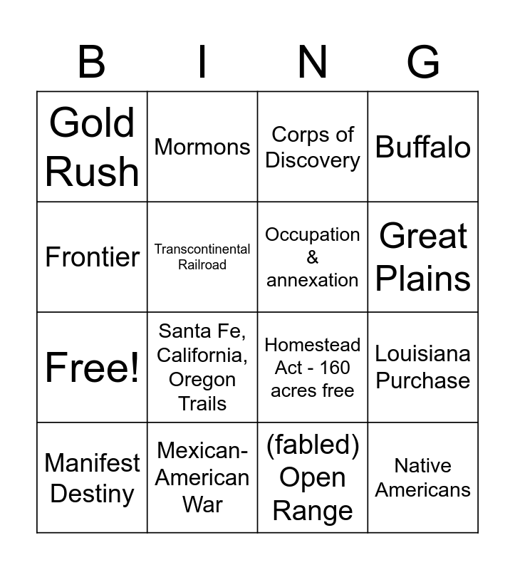Westward Expansion Bingo Card