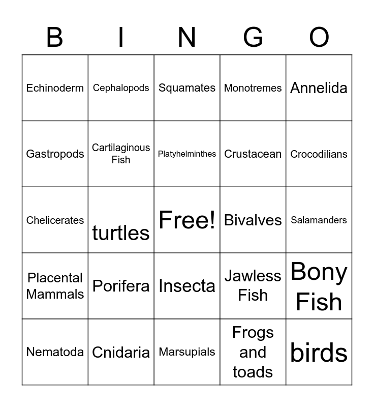 Animal Phylum Bingo for BJU Life Science (5th Ed.) Bingo Card
