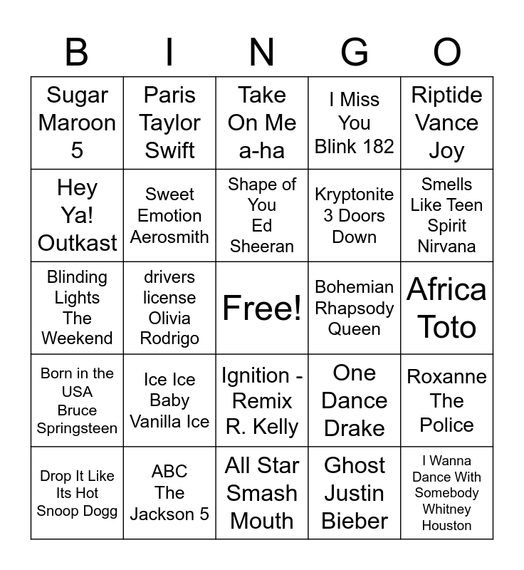 Music Bingo Round 1 Bingo Card