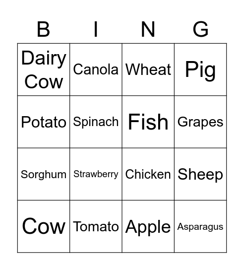 Plants and Animals for Food Bingo Card