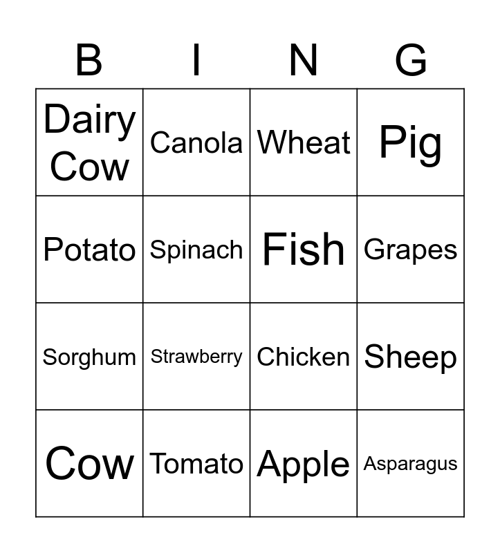 Plants and Animals for Food Bingo Card