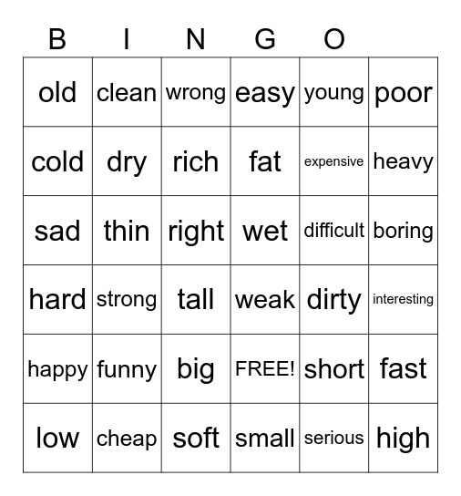 Opposite adjectives Bingo Card
