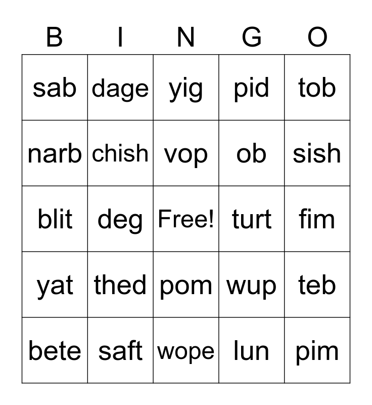 Nonsense Words Bingo Card