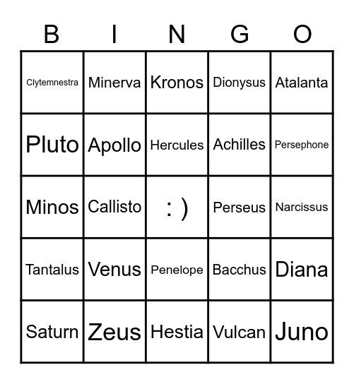 Greek/Roman Mythology Bingo Card