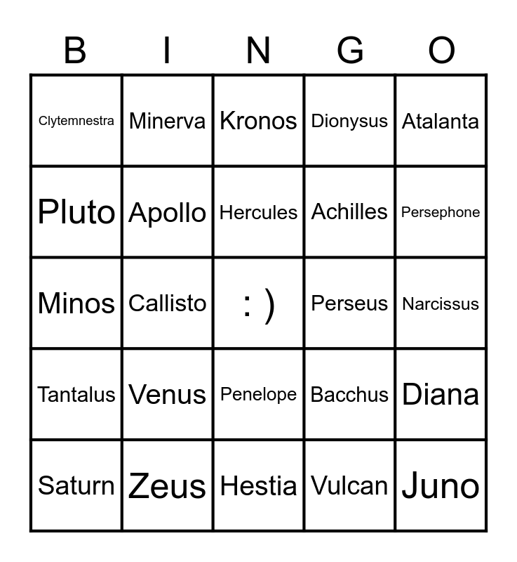 Greek/Roman Mythology Bingo Card