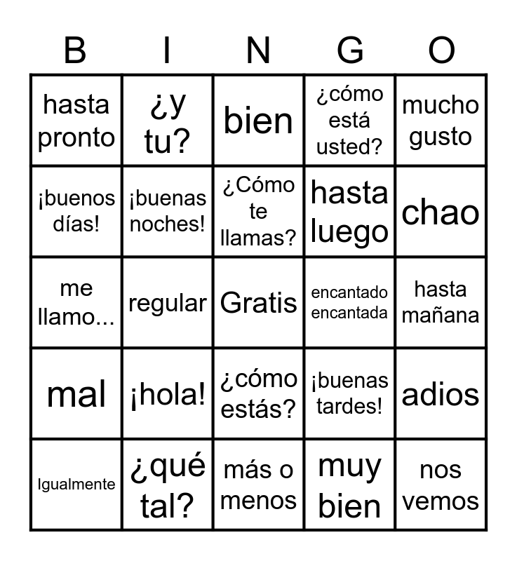 Saludos, despedidas y conversaciones Bingo Card
