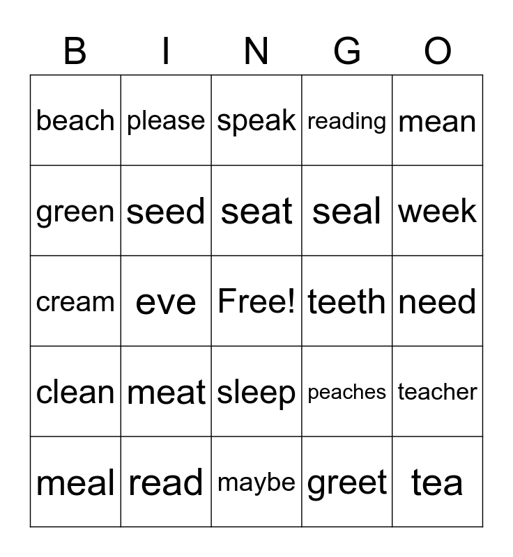 Long e Bingo Card