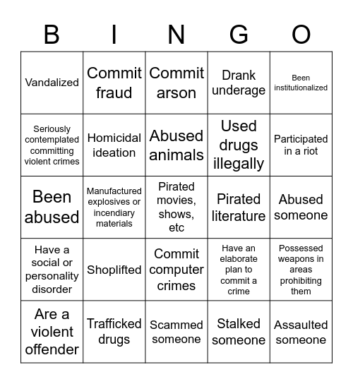 Crime Bingo Card
