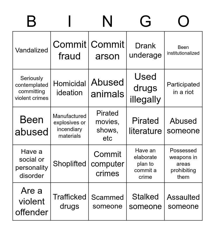 Crime Bingo Card
