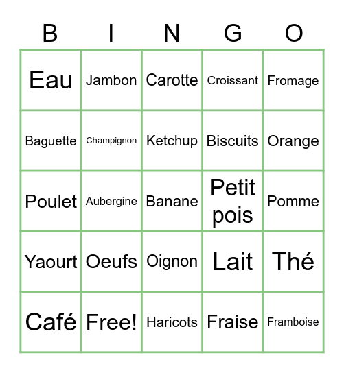 La Nourriture! Bingo Card