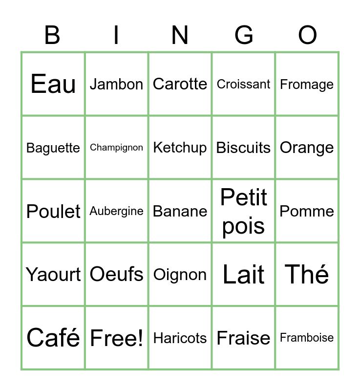 La Nourriture! Bingo Card