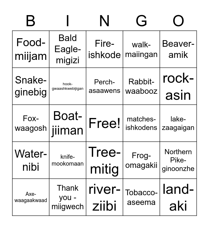 Anishinaabemowin Bingo Card