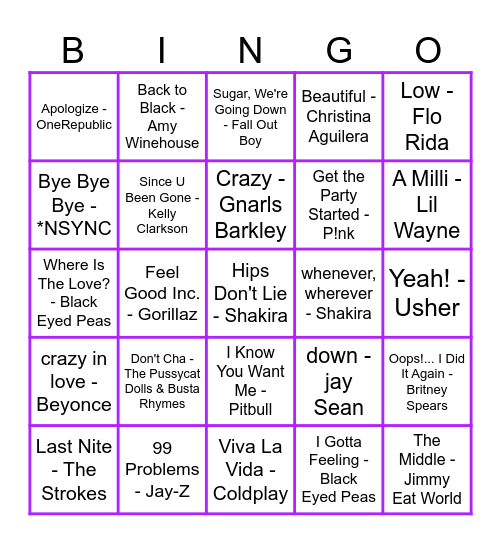 2000's Music Bingo Card