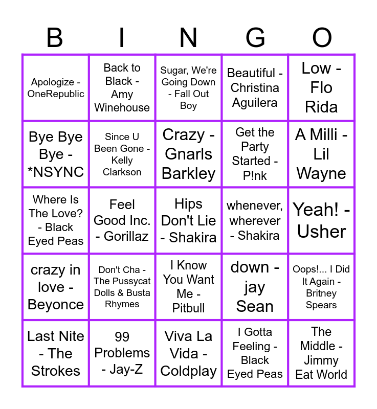2000's Music Bingo Card