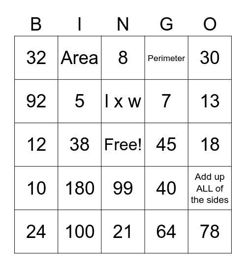 Perimeter and Area Bingo Card