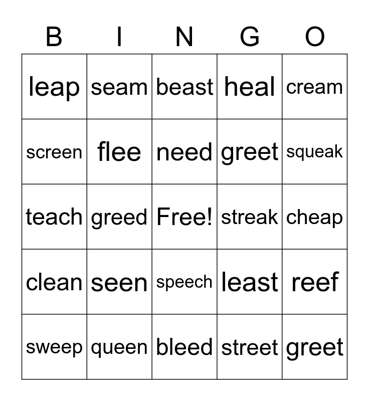Long e (/ea/ & /ee/ Bingo Card