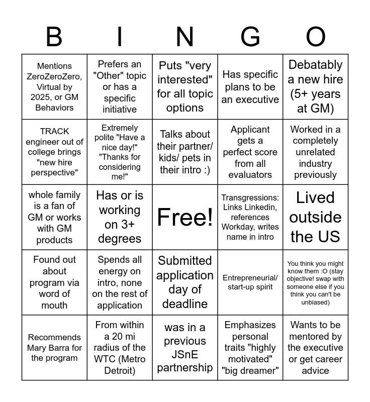 JSnE Mentor Evaluations Tropes Bingo Card