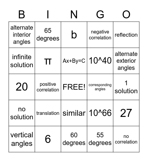 8th Grade Math Bingo Card