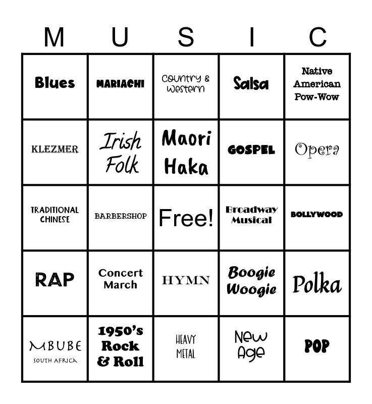 Music Styles Bingo Card