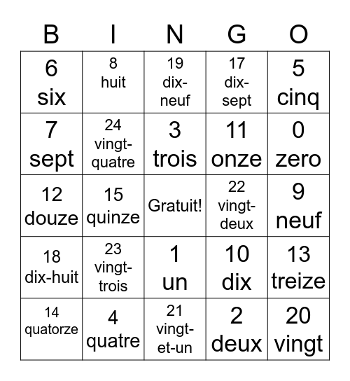Madame's Bingo 1-25 Bingo Card